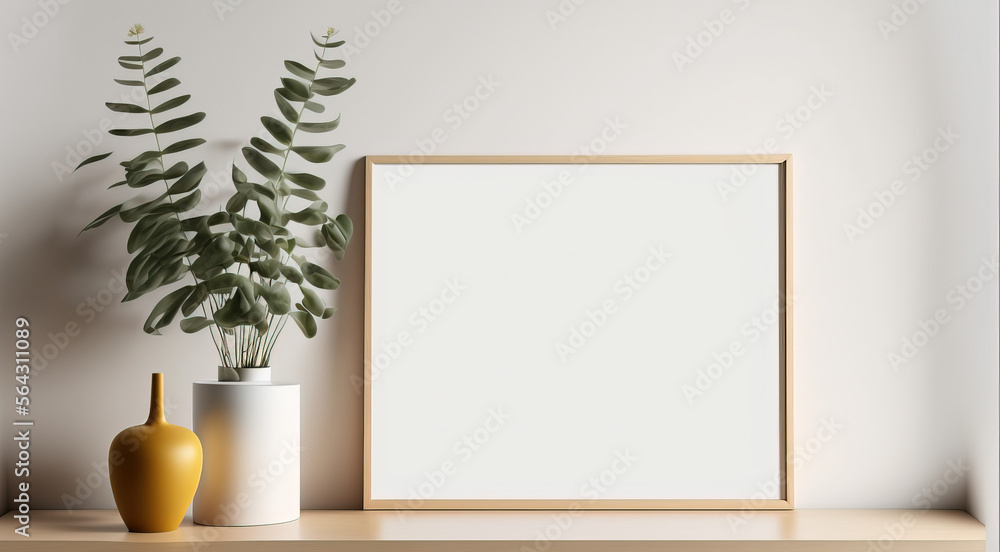 Empty horizontal frame mockup in modern minimalist interior with plant ...