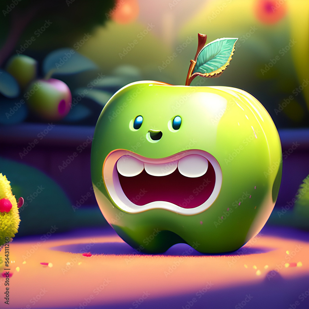 Cartoon funny apple fruits characters, in summer garden. Ai generated ...