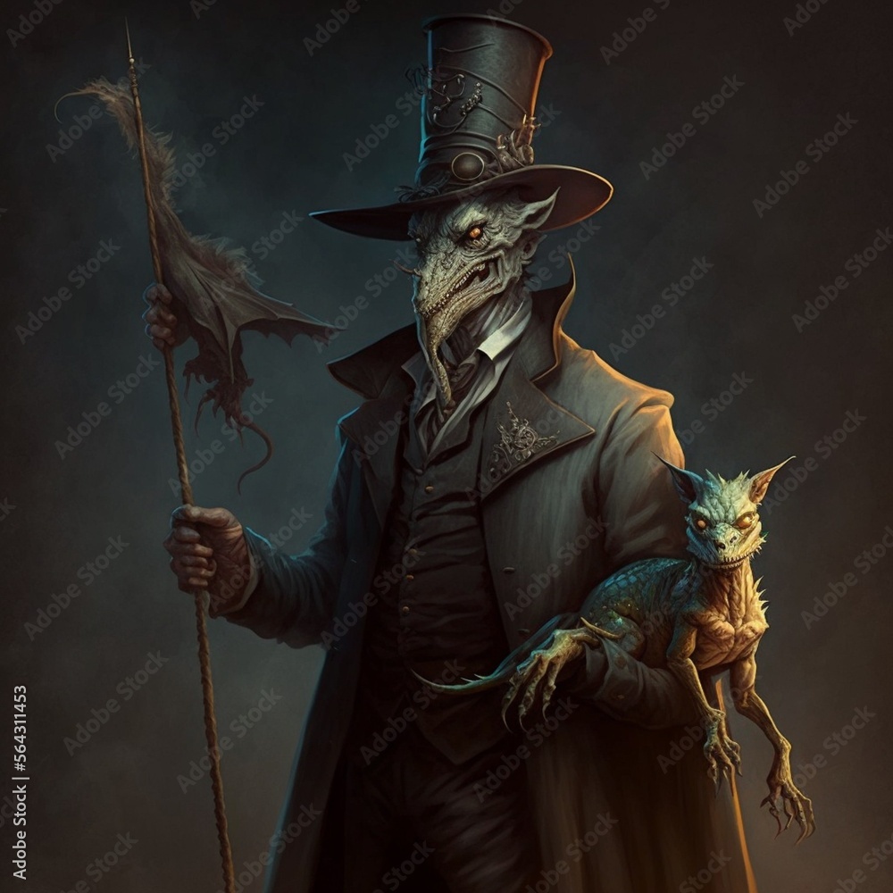 demon in a stylish costume with a dragon in his hand and a staff with a ...