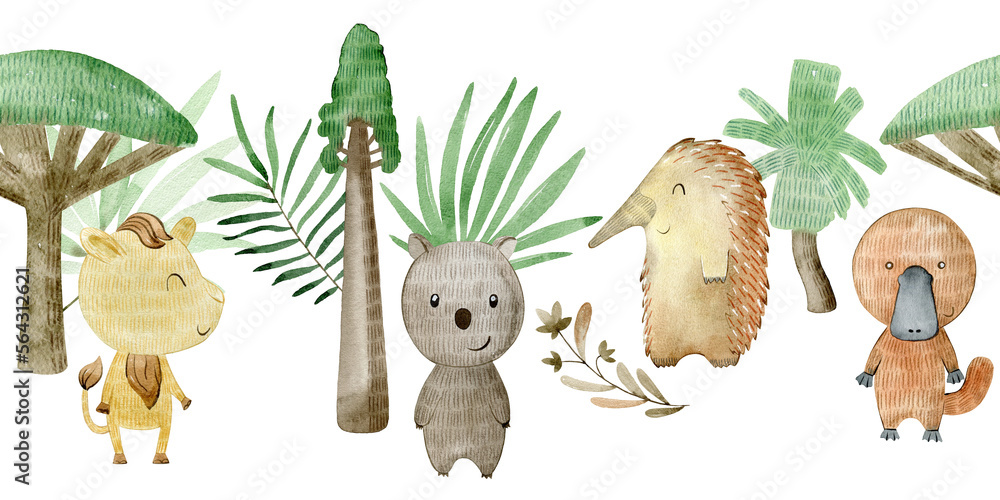 Watercolor seamless border with australian animals for fabric, wrapping ...