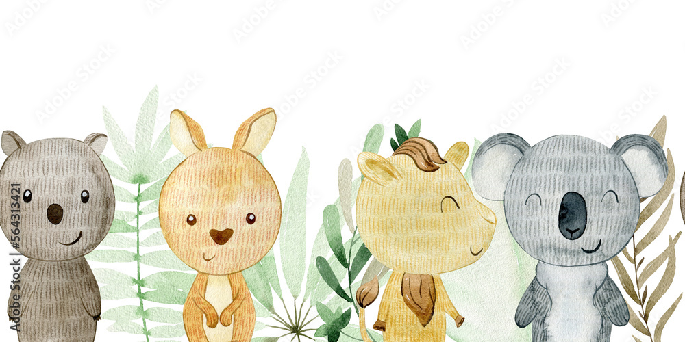 Watercolor seamless border with australian animals for fabric, wrapping ...