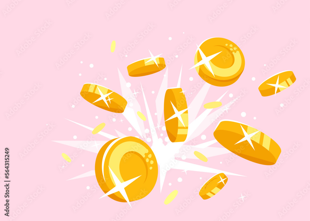 Gold coins explosion concept illustration in flat style on pink ...