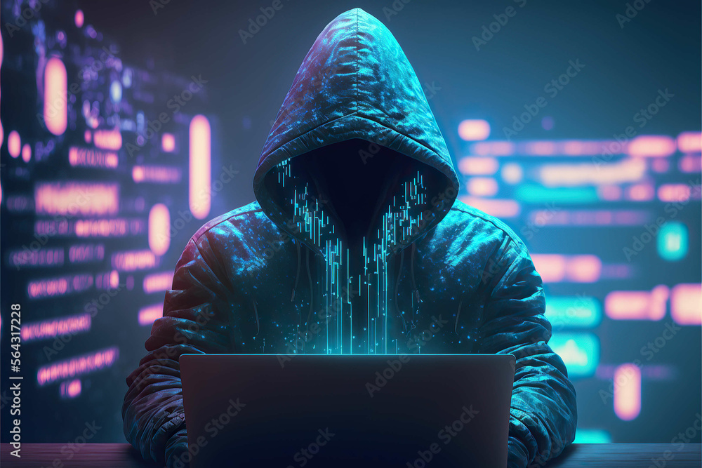 Abstract hooded hacker with hidden face, working on laptop,Technology cyberpunk background ...