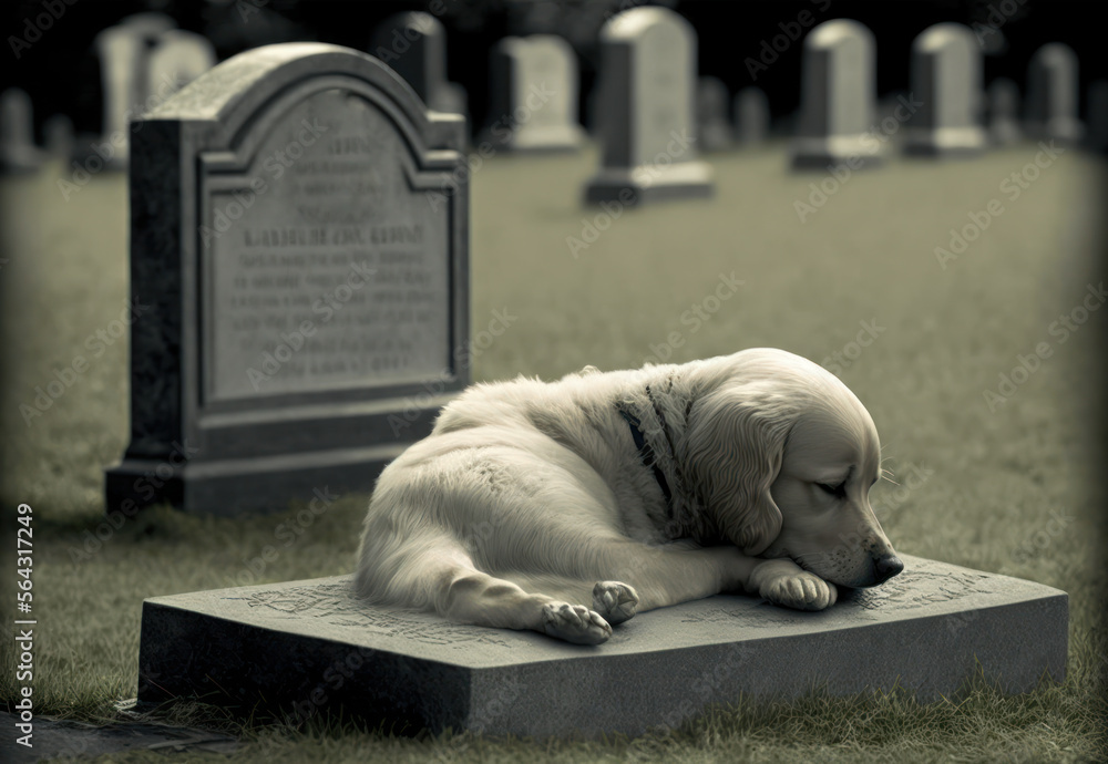 sad dog in cemetery waiting the dead owner on gravestone. Loyalty ...