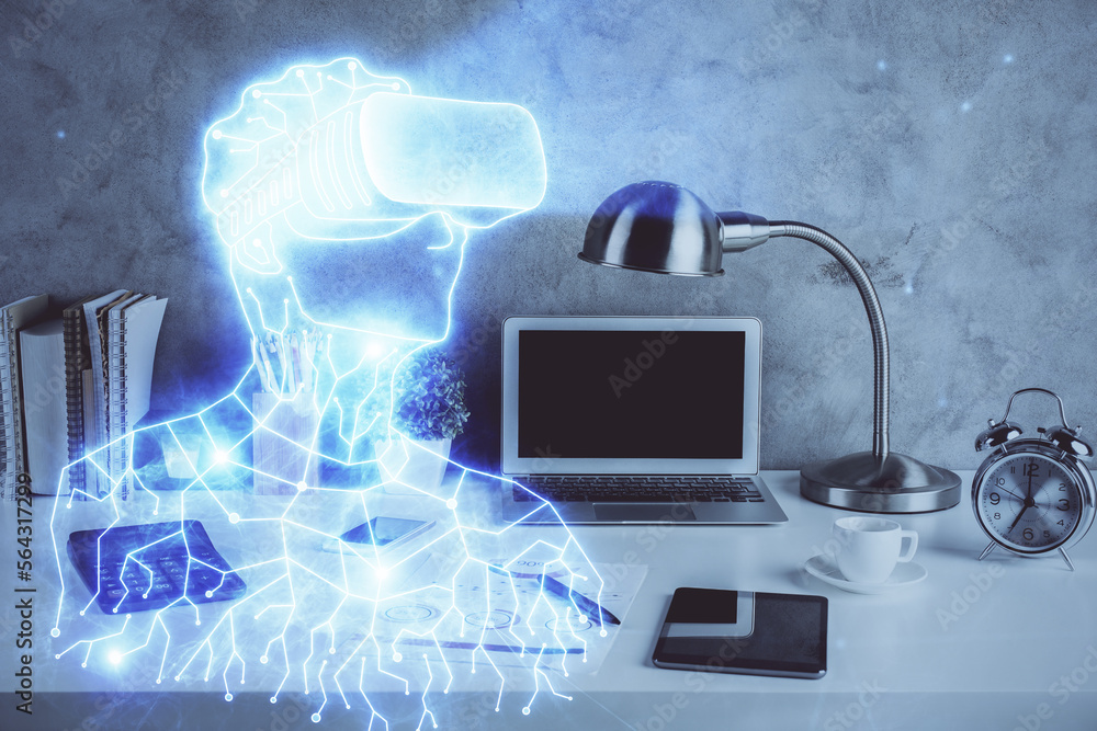 Computer on desktop with AR theme icon. Multi exposure. Concept of ...