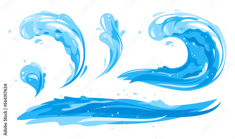 Blue water waves in side view isolated, group of different ocean waves ...