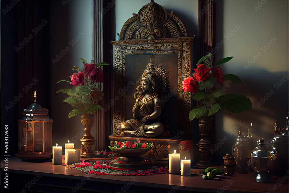 A Hindu home altar with statues of deities, flowers, and offerings ...