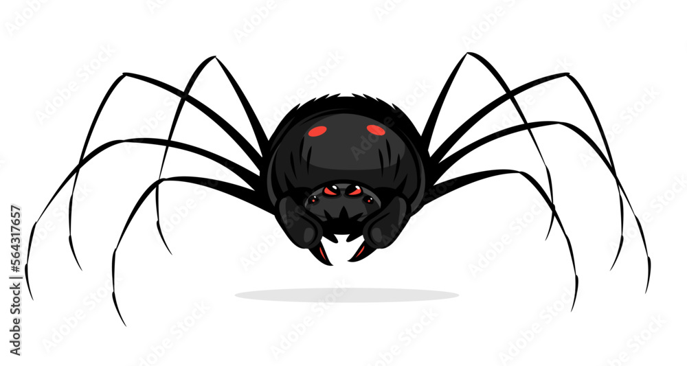 One big black cartoon scary spider with red evil eyes, spider in front ...