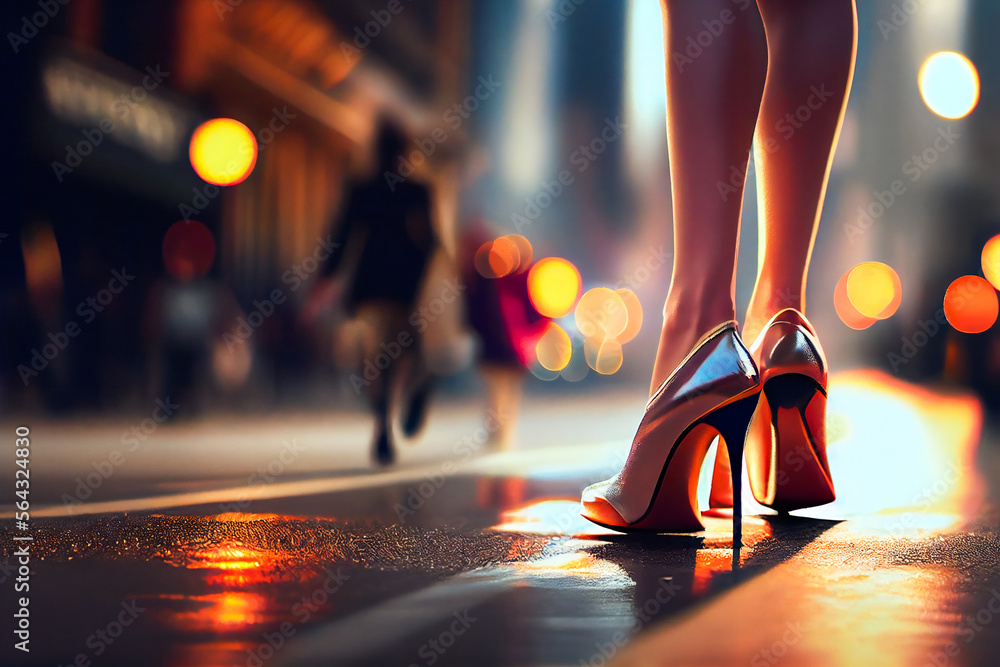 Beautiful woman legs in high heel shoes on the road. Close up photo of ...