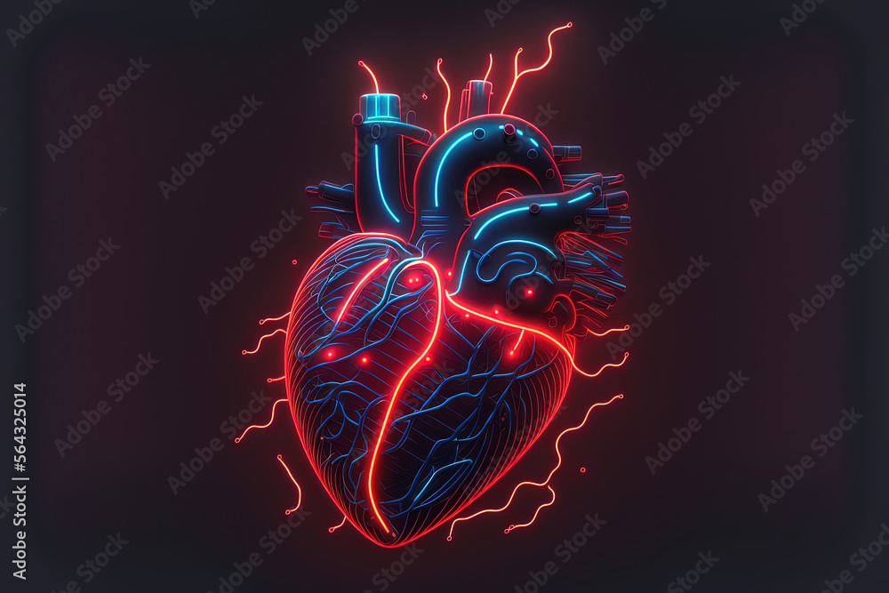 Red heart shape neon light on dark backgorund. Abstract and decoration ...