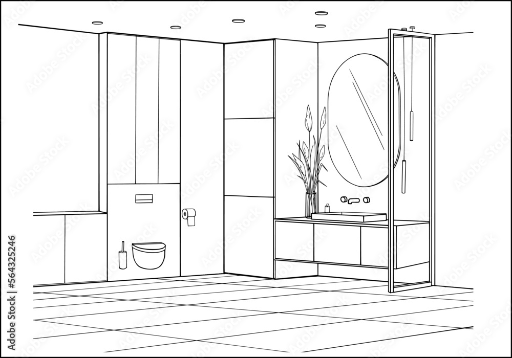 Modern bathroom and toilet interiors. Line sketch design home décor ...