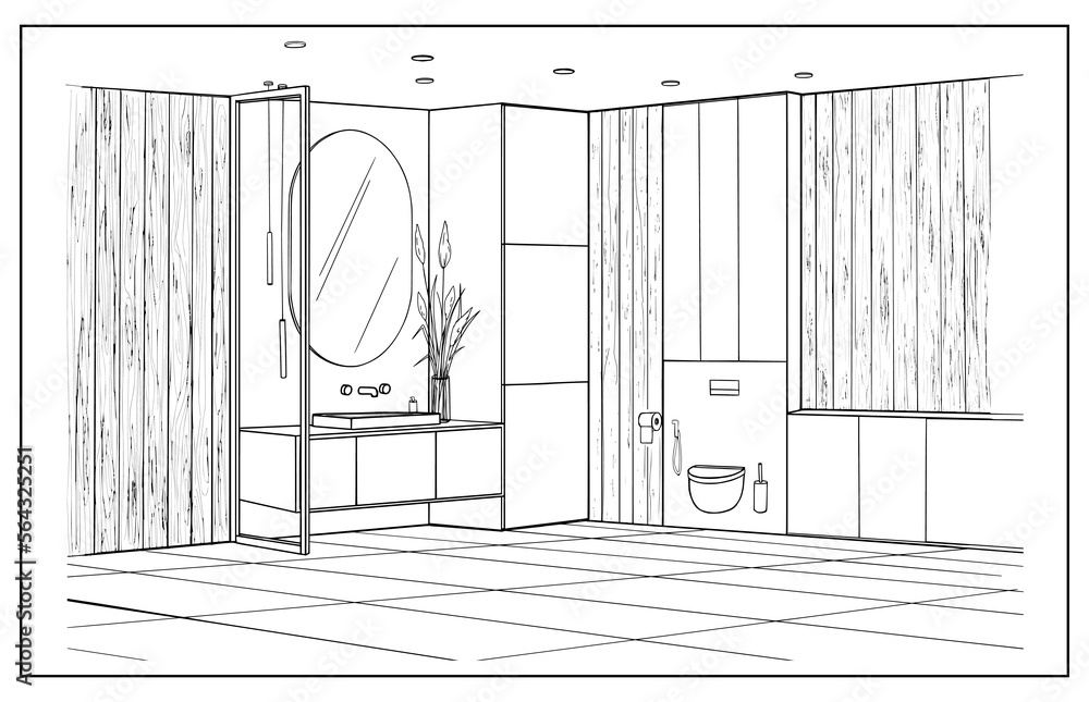 Sketch bathroom and toilet interiors design with wood wall. Line ...