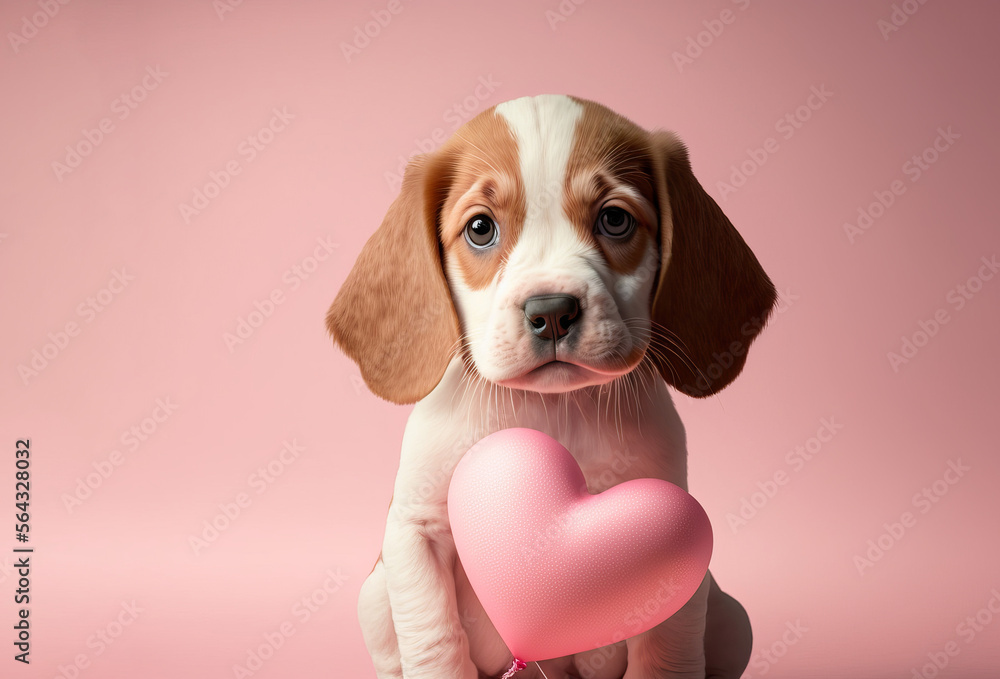 Cute puppy dog with a love heart balloon. Valentines day concept ...