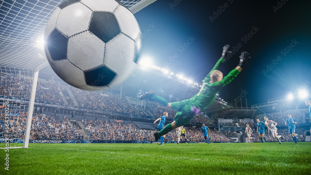 Football Championship: White Team Forward Hits the Ball and Scores ...