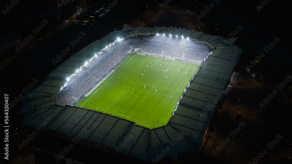 Aerial Establishing Shot of a Whole Stadium with Soccer Championship ...