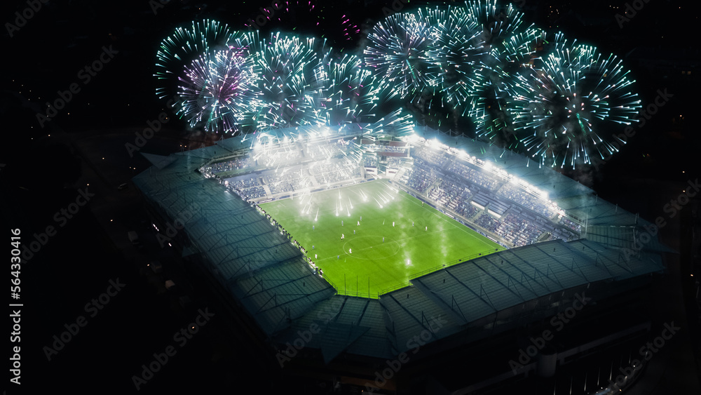 Aerial Establishing Shot of a Whole Stadium with Soccer Final Match ...