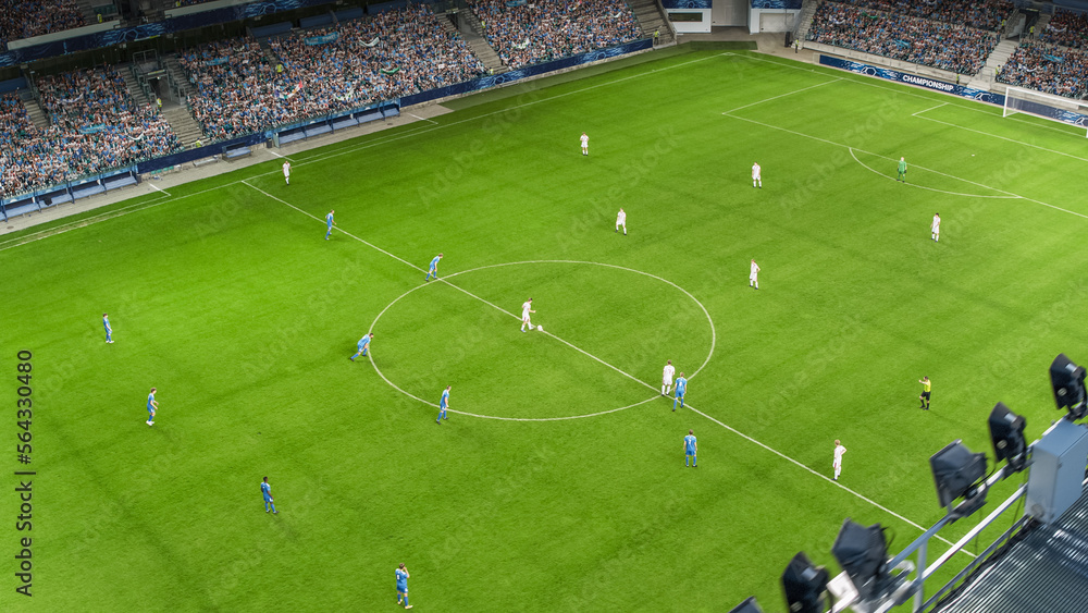 Soccer Championship Match on a Stadium full of Cheering Fans. Teams ...