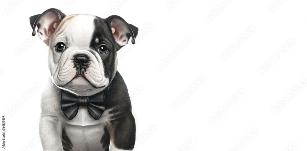 English Bulldog puppy dog is wearing a black dapper bow tie, isolated ...