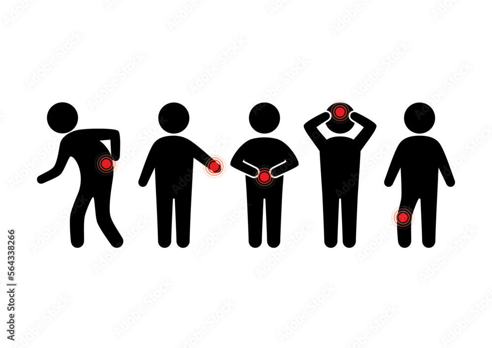 Sick and injured people silhouette icon set vector. Person with pain ...