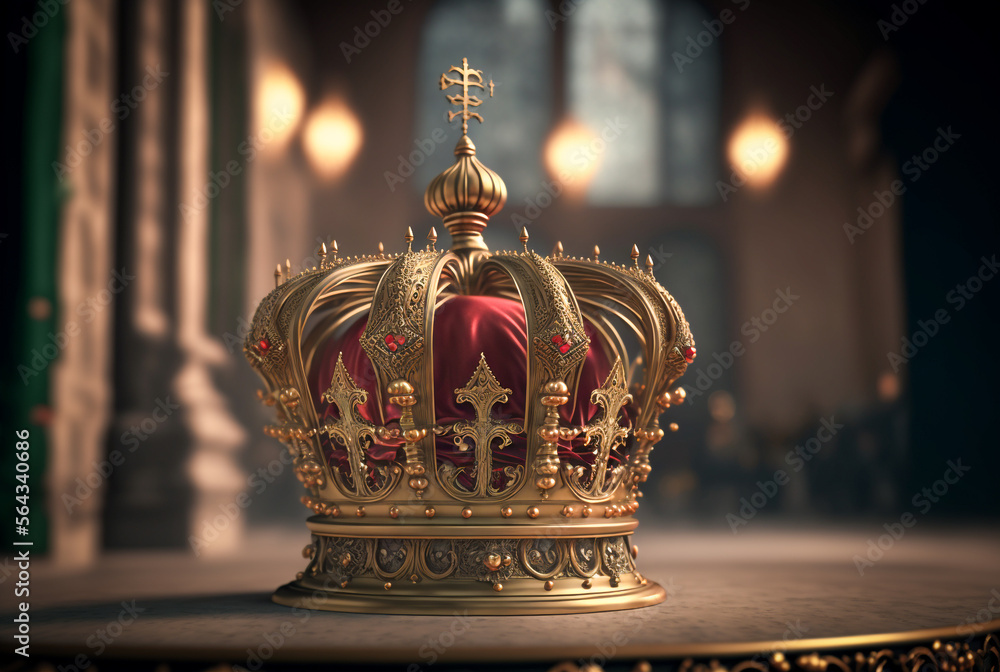 Photorealistic gold and ruby king's crown closeup, church interior in ...
