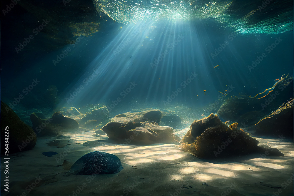 subaquatic background with sunlight filtering underwater and a sandy ...