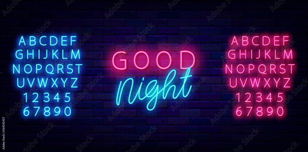 Good night neon sign with lettering. Glowing invitation on brick wall ...