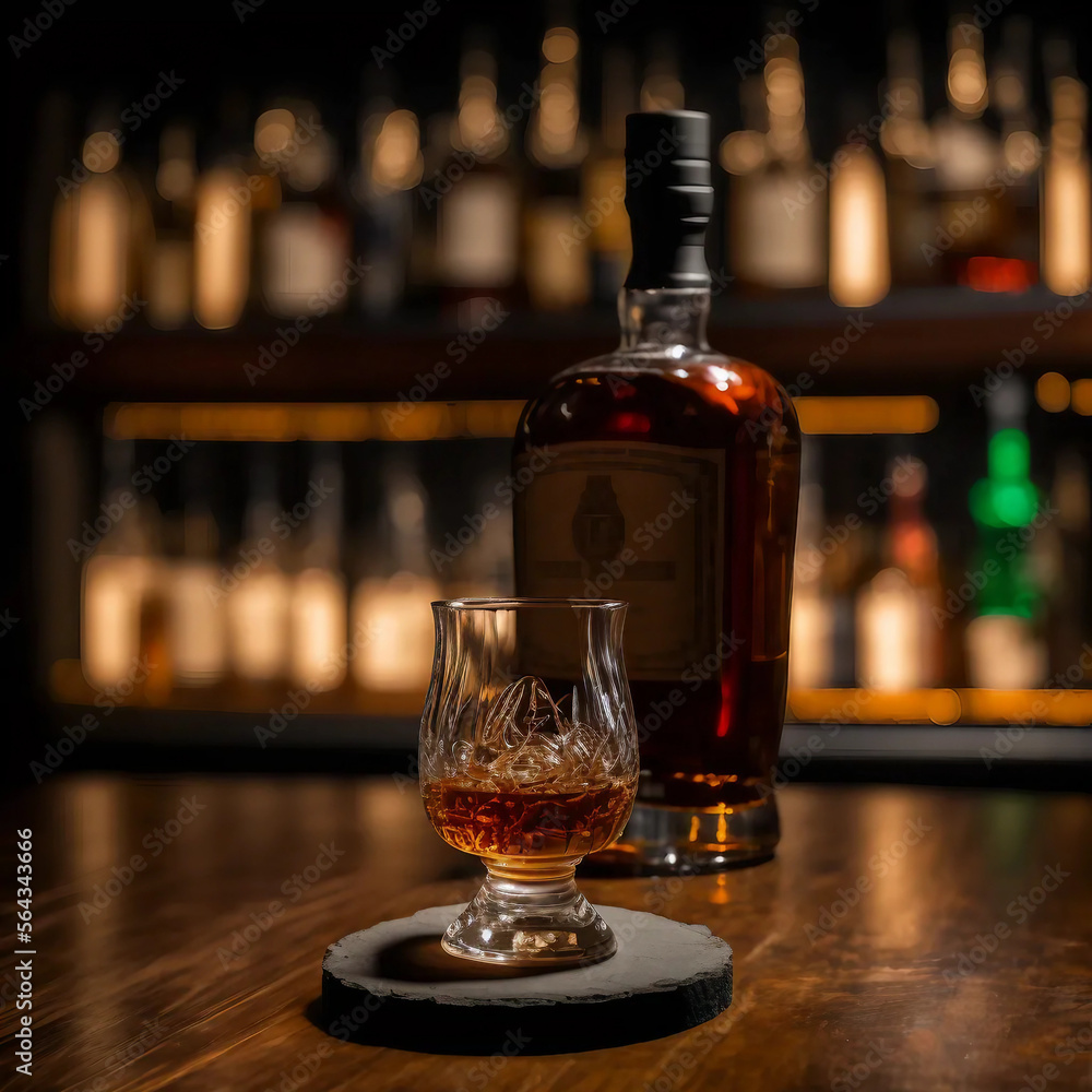 A glass of rich, amber scotch whiskey, served at a upscale and elegant ...