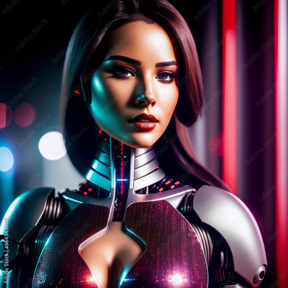 A female robot. Cyborg woman in armor. A futuristic android that looks ...