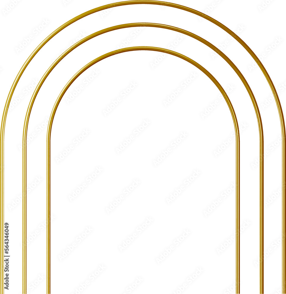 Golden arches. Thin rounded luxury metal frames as podium edging, shiny ...