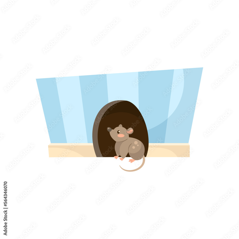 Cute comic mouse near hole in wall vector illustration. Cartoon drawing ...