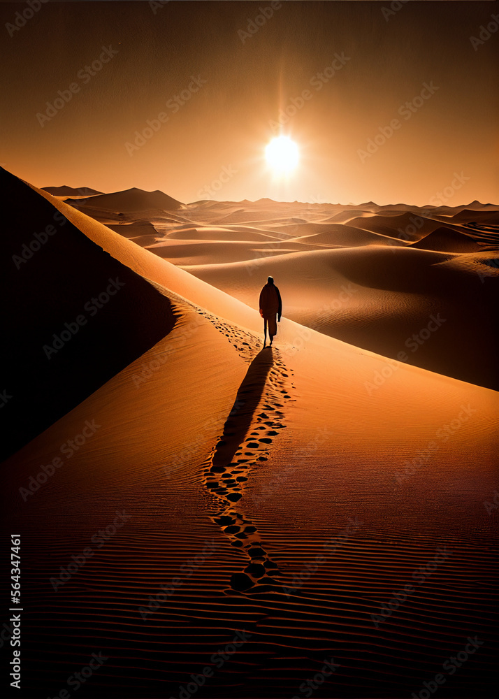 Desert adventure. Young man walking on sand dune against sunset. AI ...