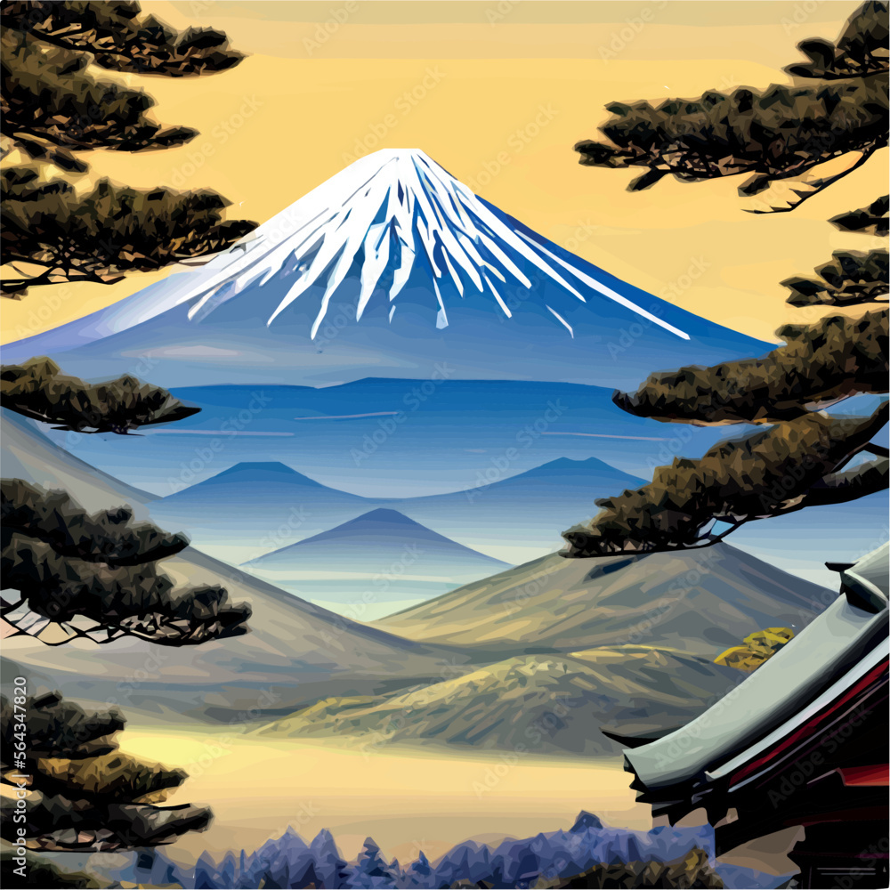 Vector illustration of Japanese Mount Fuji with variety of trees, Ideal ...