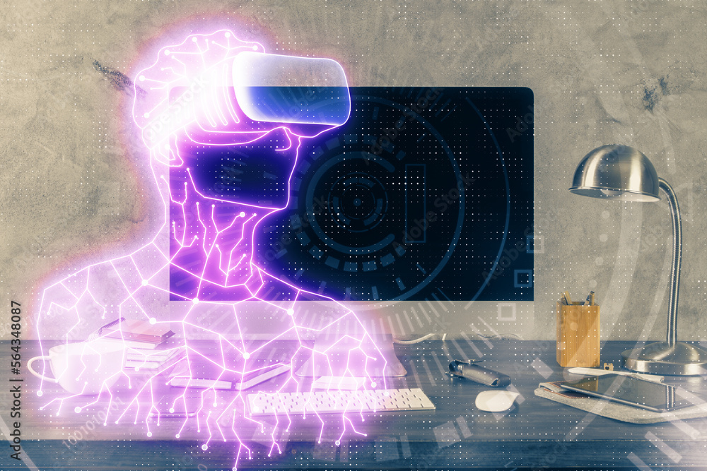Computer on desktop with AR theme icon. Multi exposure. Concept of ...