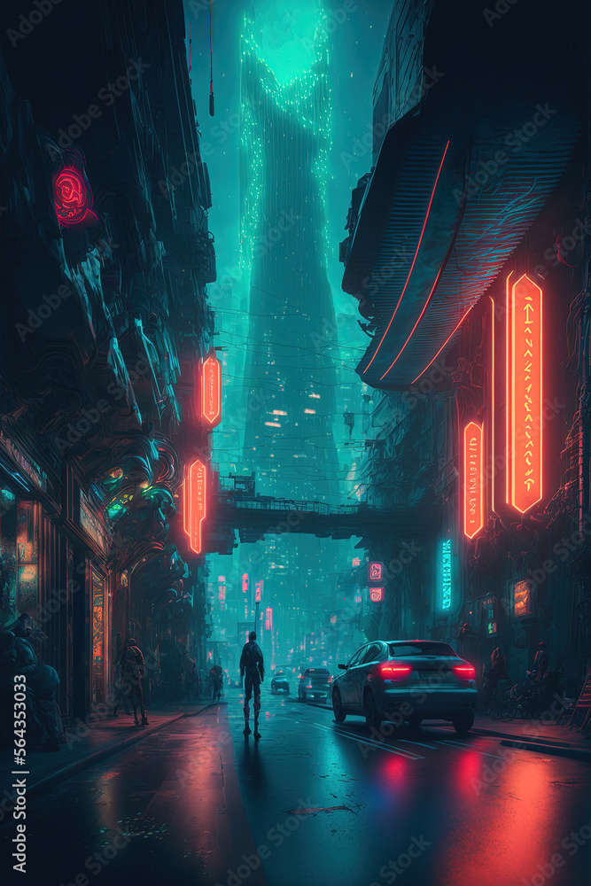 Neon Noir, Neon Nightscape, bustling cyberpunk metropolis alive with ...