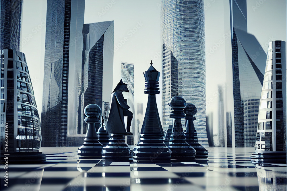Several chess pieces against the backdrop of skyscrapers and the ...