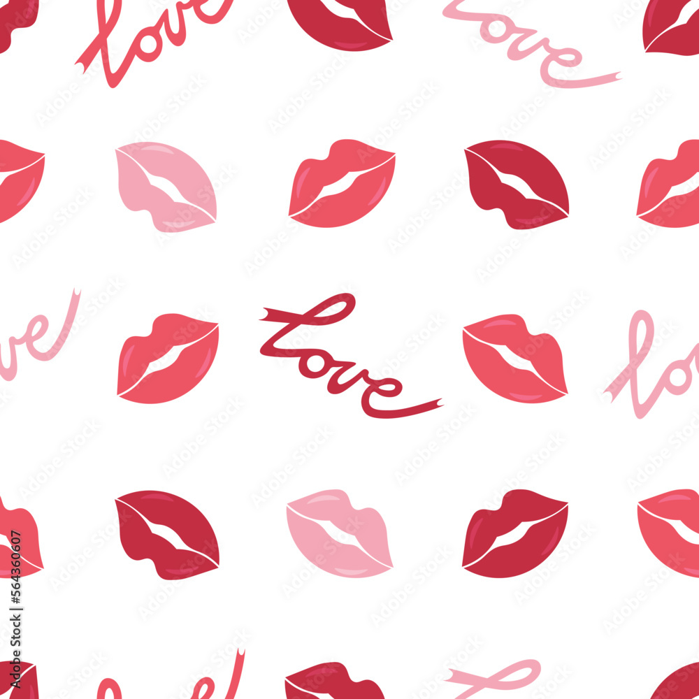 Seamless Pattern With Female Lip Prints And Love Text For Valentines
