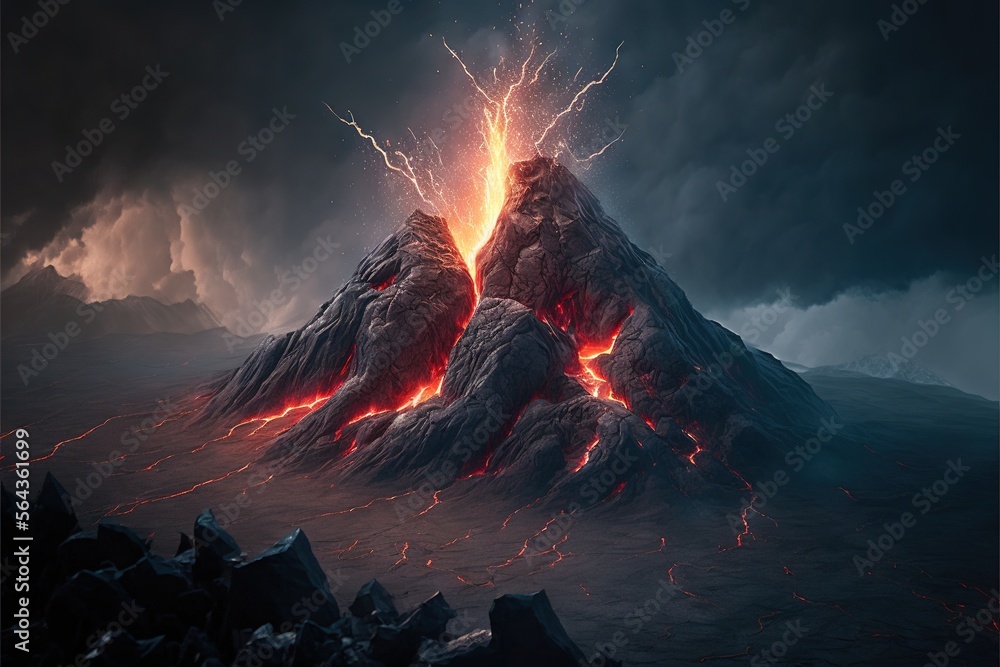 a volcano with lava and lightning in the sky and a dark sky with clouds ...