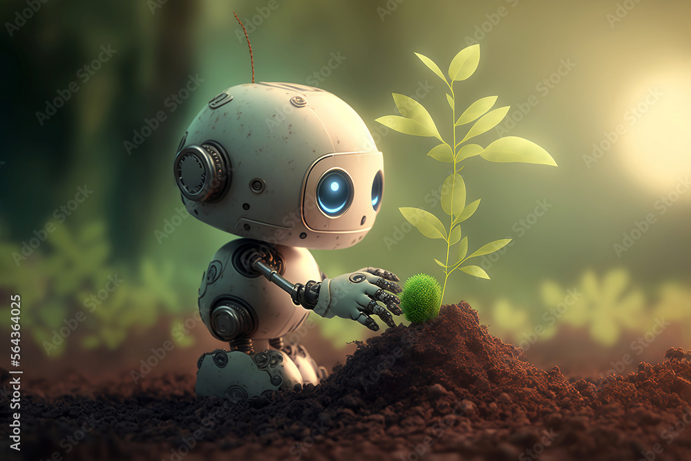 Cartoon cute Robot planted seedling young tree into the soil ...