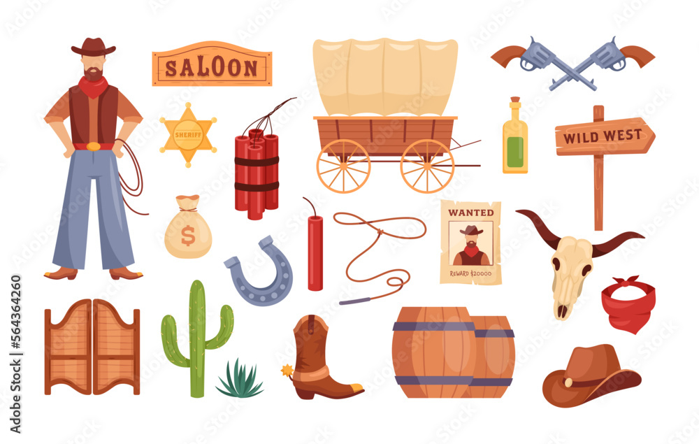 Wild West icons. Vector set of western Texas with cowboy, hat, wooden ...