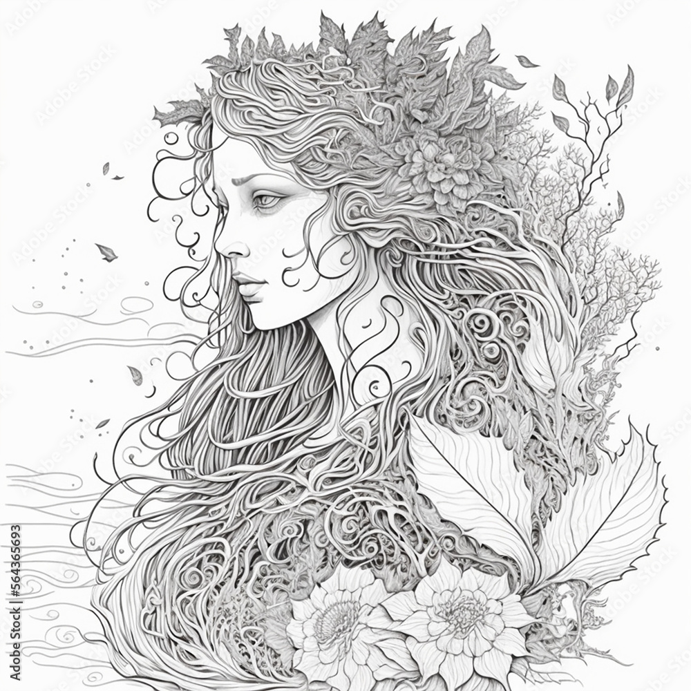 coloring page girl with flowers Stock Illustration | Adobe Stock