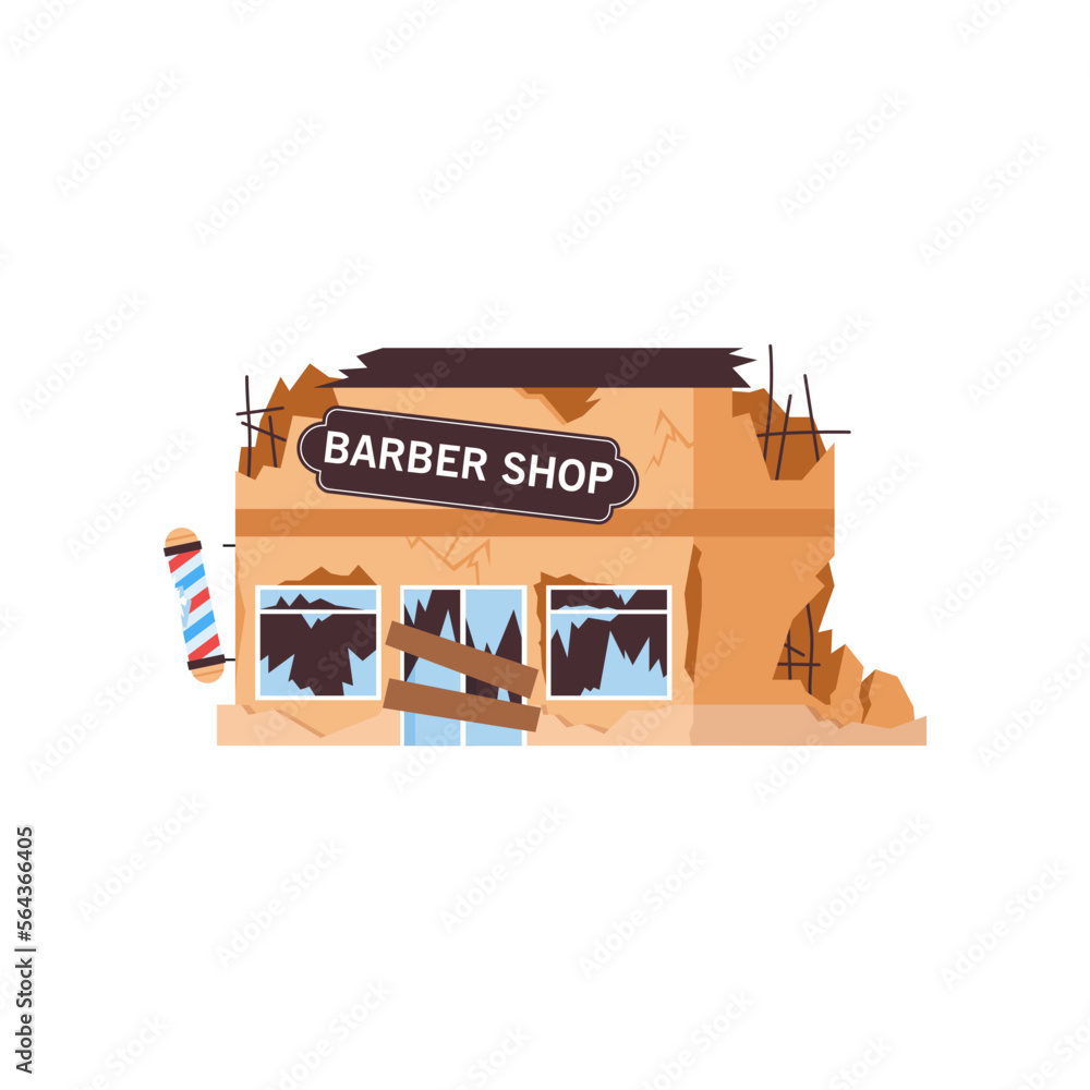 Ruined or abandoned barbershop after war or natural disaster. Destroyed ...