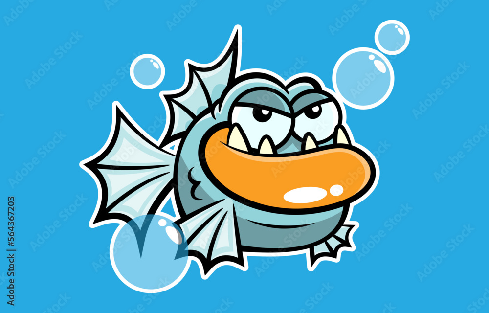 Cartoon illustration of cute piranha fish swimming at amazon river ...