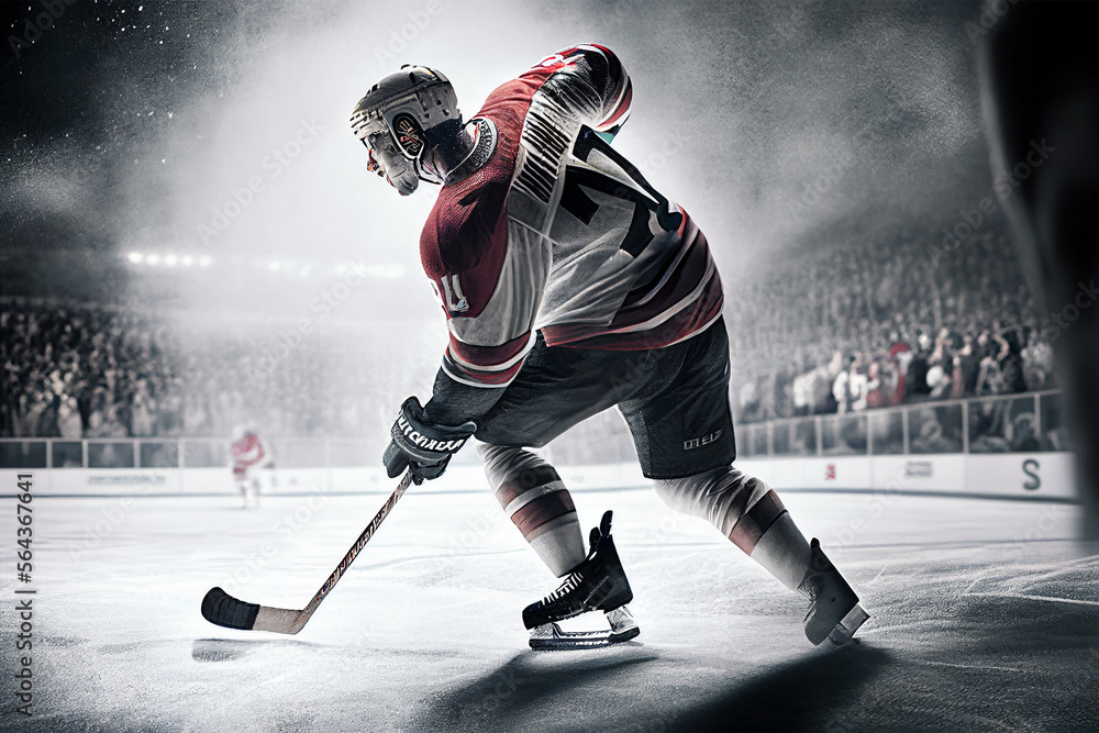 Athlete in action. Professional hockey player in the helmet and gloves ...