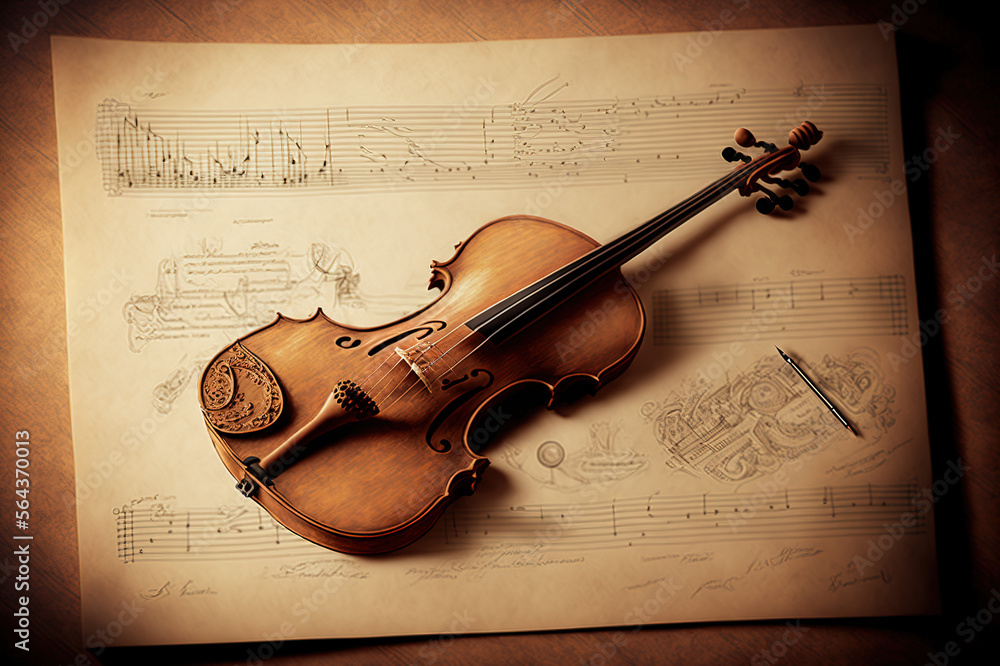 Pencil illustration of a violin and musical notes. String instruments ...