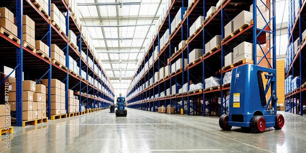 Warehouse with endless pallets of boxes and storage, robots and people ...