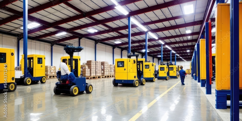 Warehouse with endless pallets of boxes and storage, robots and people ...