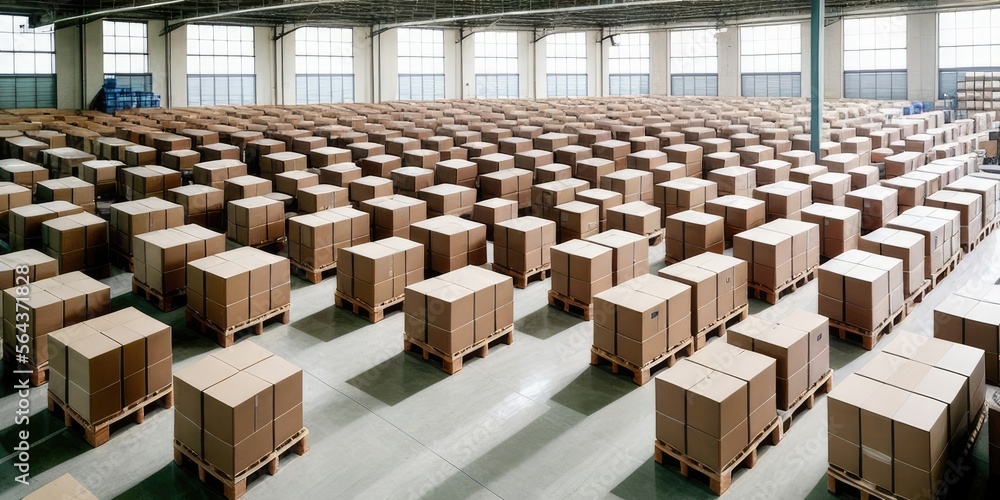 Warehouse with endless pallets of boxes and storage, robots and people ...