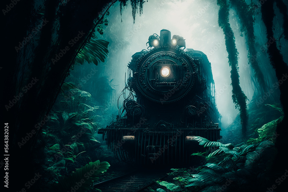 An eerie scene of a forgotten train engine, swallowed up by the dense ...