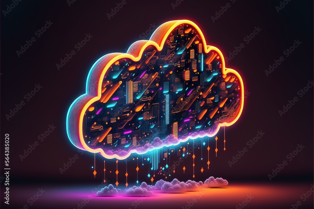 Neon dark background. Cloud cyber neon light, data storage. Cloud ...