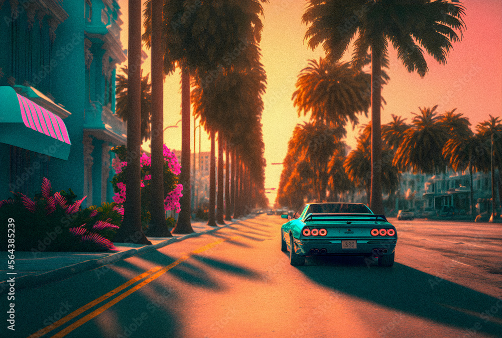 Car and Palm in 80s style, retro background, granular texture ...